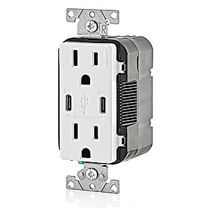Leviton T5635-W USB Dual Type-C with Power Delivery (PD) In-Wall Charger with 15 Amp, 125 Volt Tamper-Resistant Outlet, White