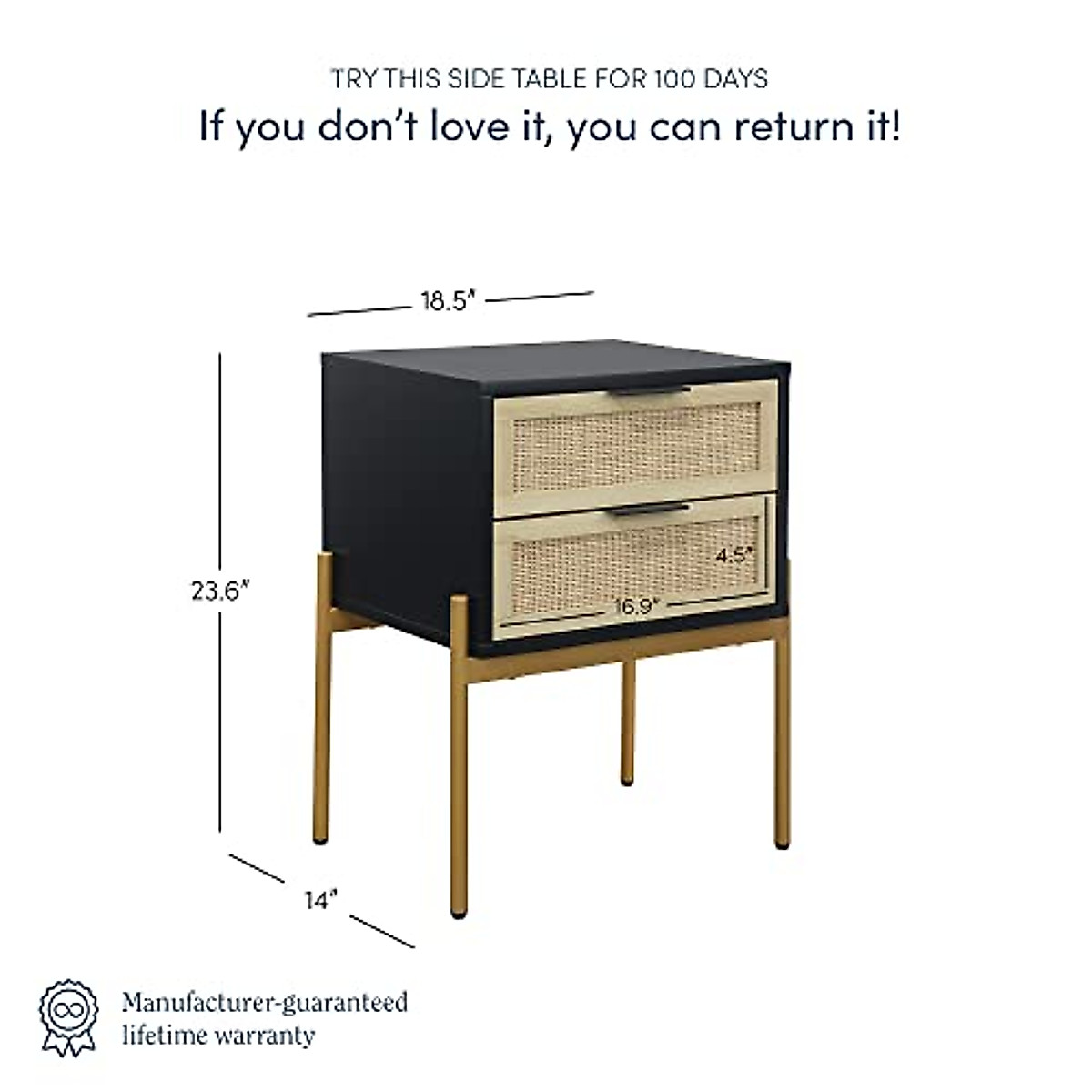 Nathan James Andrew Nightstand, Accent Bedside End Side Table with Storage Drawer, and Mid-Century Modern Legs for Living Room or Bedroom, 1, Black/Cane/Gold