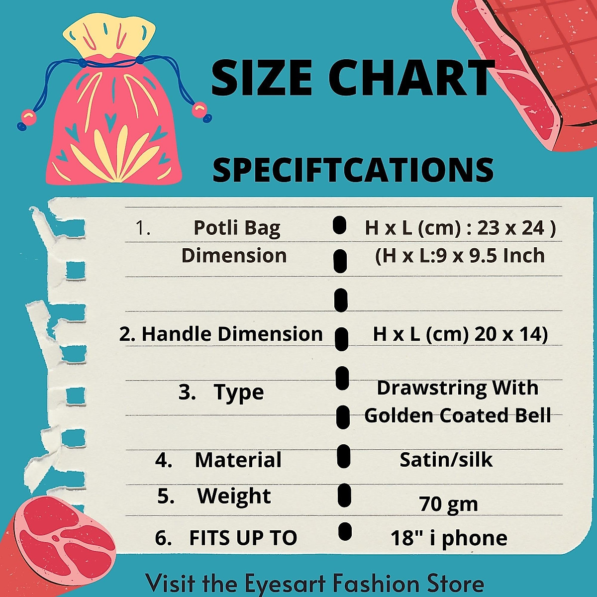 Potli Bag for Women Purse Clutch Pearls Handle Embroidered Silk Batwa With Intricate Gold Thread & Sequin (H*L:9 * 9.5(Inch),(23x24(CM),(Handle Dm:- H*L(cm) 20 * 14) (Sky Blue)