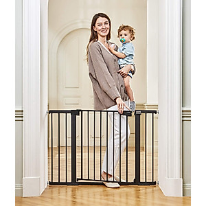 Cumbor 46”Auto Close Safety Baby Gate & Cumbor Brown 57-Inch Child Gate, Easy Walk Thru Dog Gate for The House, Stairs, Doorways, Pressure Mounted Safety Child Gate for Kids Toddler