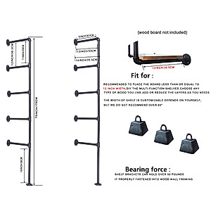 5 tier Industrial Wall Mount Iron Pipe Shelf Shelving Bracket Vintage Retro Ceiling Hung shelf DIY Open Bookshelf Storage for office Room Kitchen (2PcsX5Tier,70" Tall,12"deep,Hardware Only)