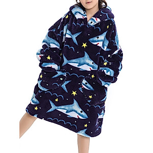 Wearable Blanket Hoodie for Kids Toddler Oversized Sweatshirt Cute Fleece Sherpa Blanket Girls Boys Shark 6-10 Year