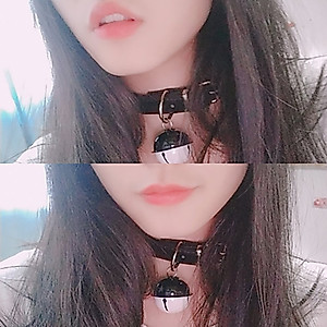 SWAGPAI Handmade Cosplay Choker Lolita Kitty Bell Collar Women Leather Bow Choker Necklace (Black)