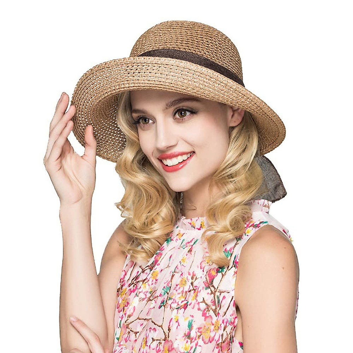 Cyiecw Beach Straw Hats for Women Floppy Summer Sun Hat Fashionable Wide Brim Cap UV UPF5 Travel Hats Packable Cotton Light Brown Khaki