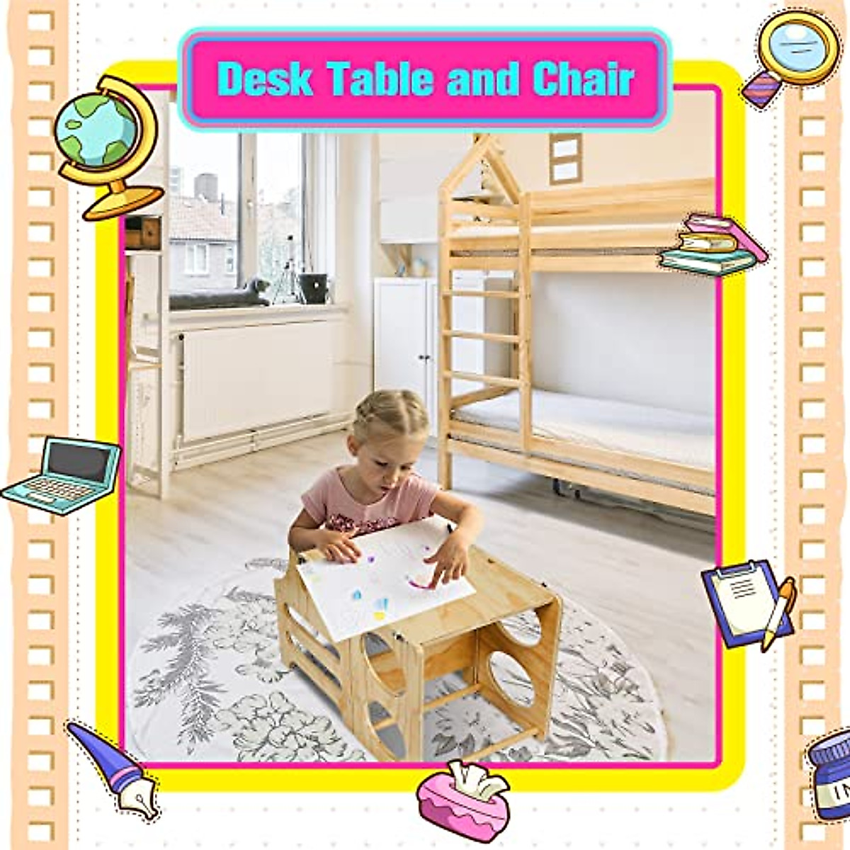 4 in 1 Learning Kitchen Tower Toddler Kitchen Stool with Safety Rail Helper Stool for Toddlers Foldable Learning Tower Toddler Step Stool with Slide and Chalkboard