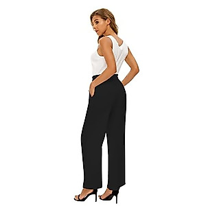LNX Linen Pants for Women High Waisted Wide Leg Drawstring Casual Loose Pants with Pockets Black