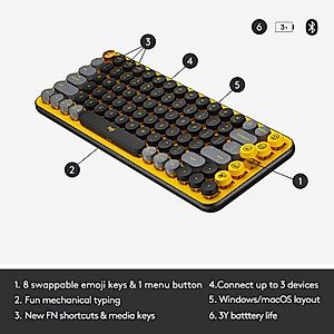 Logitech POP Keys Mechanical Wireless Keyboard with Customizable Emoji Keys, Durable Compact Design, Bluetooth or USB Connectivity, Multi-Device, OS Compatible - Blast Yellow (Renewed)