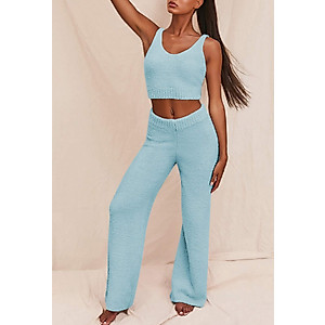 Fixmatti Women Lounge Set 3 Piece Fuzzy Fleece Crop Tops and Pants Open Front Cardigan Pajama Set Light Blue XL