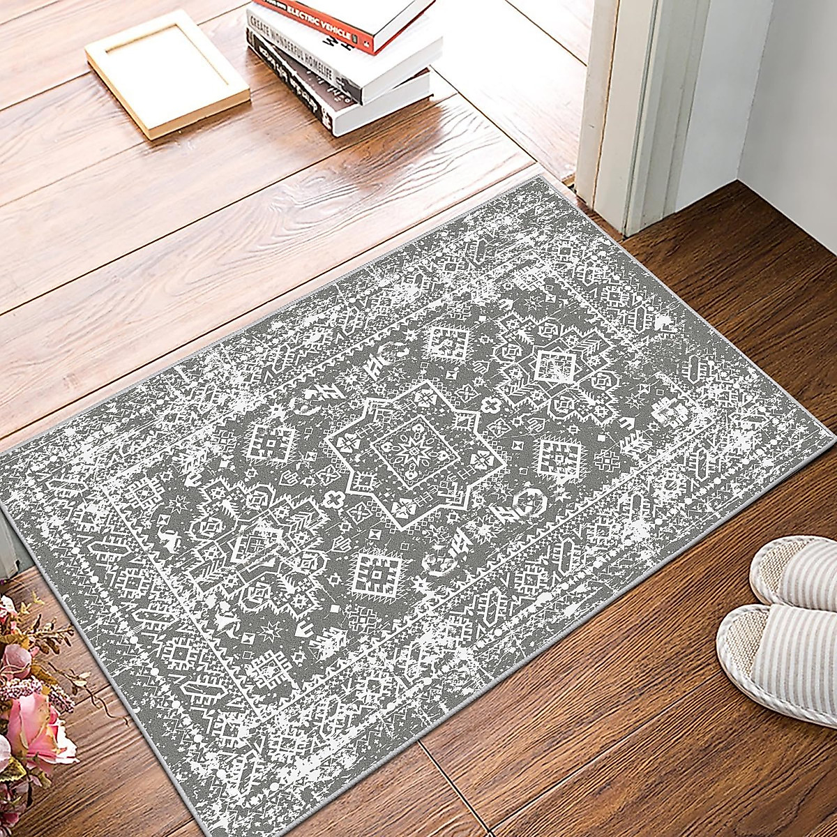 Pauwer Grey 3'x5' Area Rug, Faux Wool, Machine Made, Non-Slip, Washable, Bohemian, Retro, Vintage, Kitchen Hallway Living Room Runner