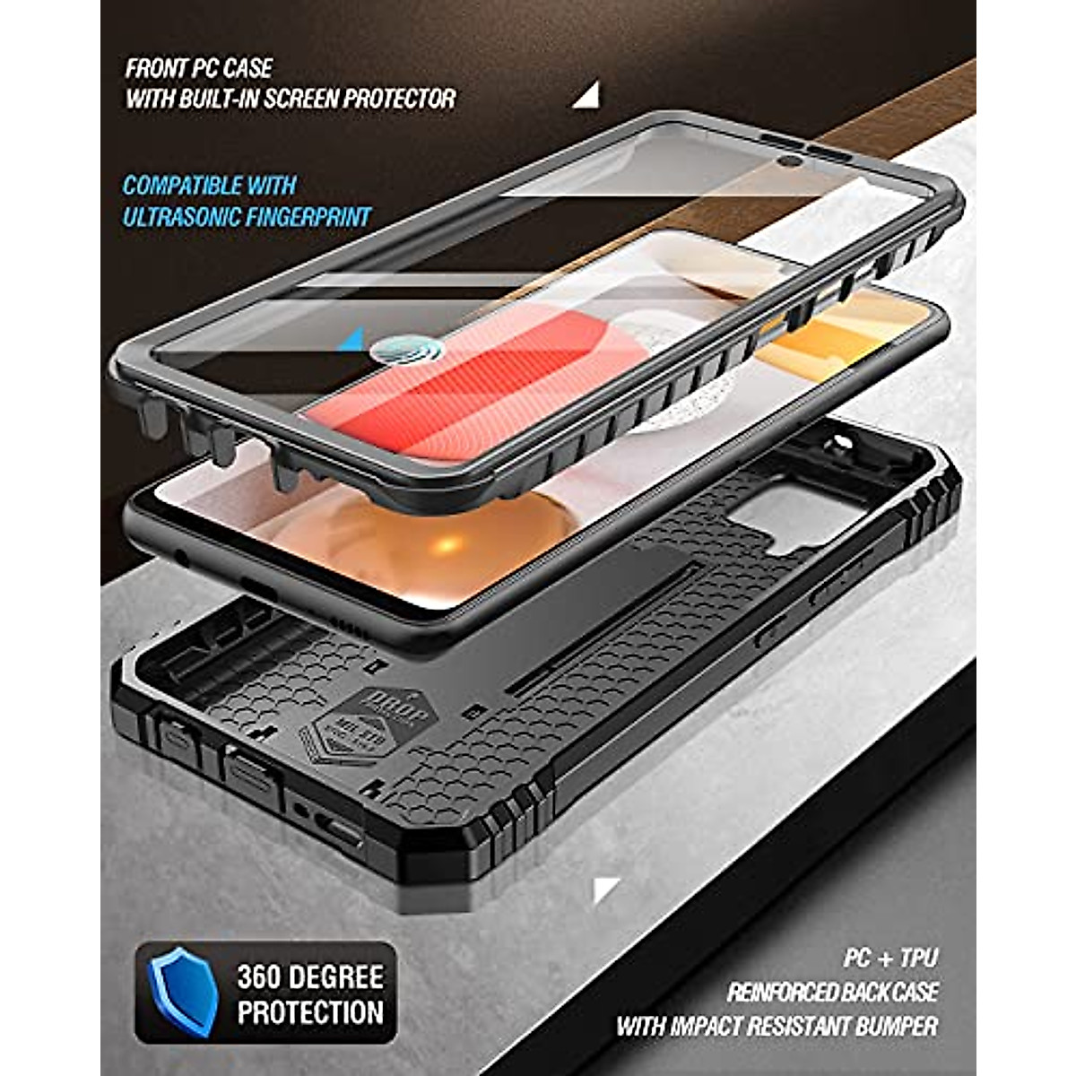 Poetic Revolution Case for Samsung Galaxy A42 5G, Built-in Screen Protector Work with Fingerprint ID, Full Body Rugged Shockproof Protective Cover Case with Kickstand, Black