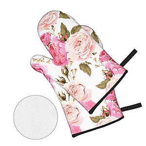 YILEQUAN Floral Flower Rose Pink Print Oven Mitts and Pot Holders Sets,Kitchen Oven Glove High Heat Resistant 500 Degree Oven Mitts and Potholder,Surface Safe for Baking, Cooking, BBQ,Pack of 4