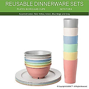Euodia Wheat Straw Plastic Dinnerware Sets for 6 (Dinner Plates, Bowls & Cups) - Dishwasher & Microwave Safe – Unbreakable Reusable Lightweight Eco Friendly BPA Free – Outdoor Camping Dishes