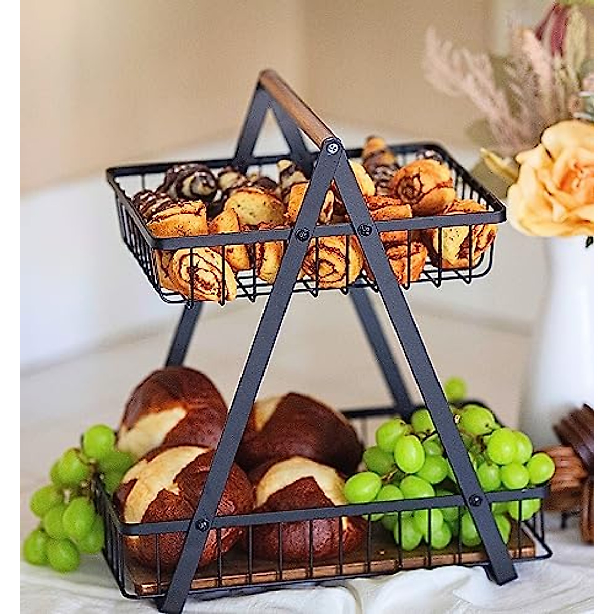 Emerson Ergonomics 2-Tier Large Fruit Basket || Wood Metal Bread Basket || Kitchen Countertop Fruit Bowl