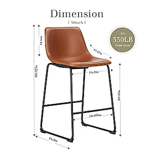 DUMOS 30 Inch Counter Height Bar Stools Set of 2, Modern Faux Leather High Barstools with Back and Metal Leg, Bar Chairs for Kitchen lsland, Brown