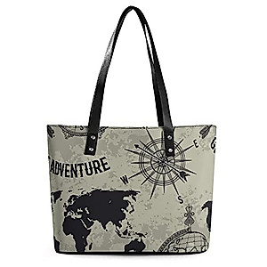Womens Handbag Vintage World Map Leather Tote Bag Top Handle Satchel Bags For Lady