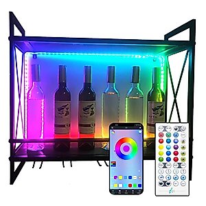 RGB IC LED Wine Racks Wall Mounted, Remote Control and 5 Stem Wine Glass Holders, 23.6 in Industrial Metal Hanging Wine Rack, Rustic Bottle Holder Glass Rack, 2-Tiers Bar Shelves for Home, Dining Room