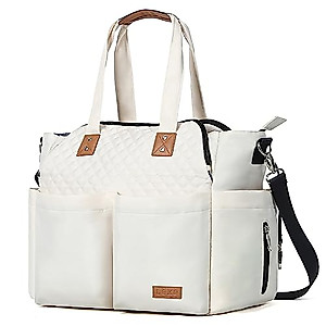 Lekebaby Diaper Bag Tote Large Mommy Bag for Hospital, Baby Bags for Mom Travel Diaper Tote Messenger Purse, Quilted White