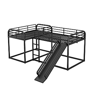 ATY L-Shaped Full and Twin Size Bunk Bed, Metal Bedframe w/Ladder & Slide, for 4 People, Bedroom, Dorm, Guestroom Supplies, Save Space Design, Black