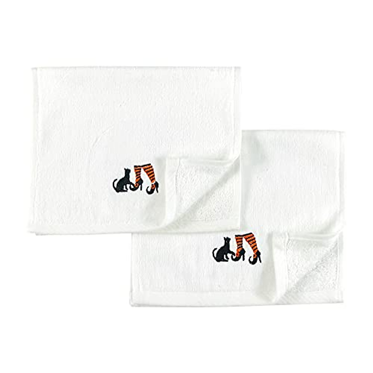 Serafina Home Decorative Halloween Fingertip Towels: Plush White Embroidered Cotton Witch Shoes with Cat Design, 2 Piece Set, 11" x 18" Inch Each (White)