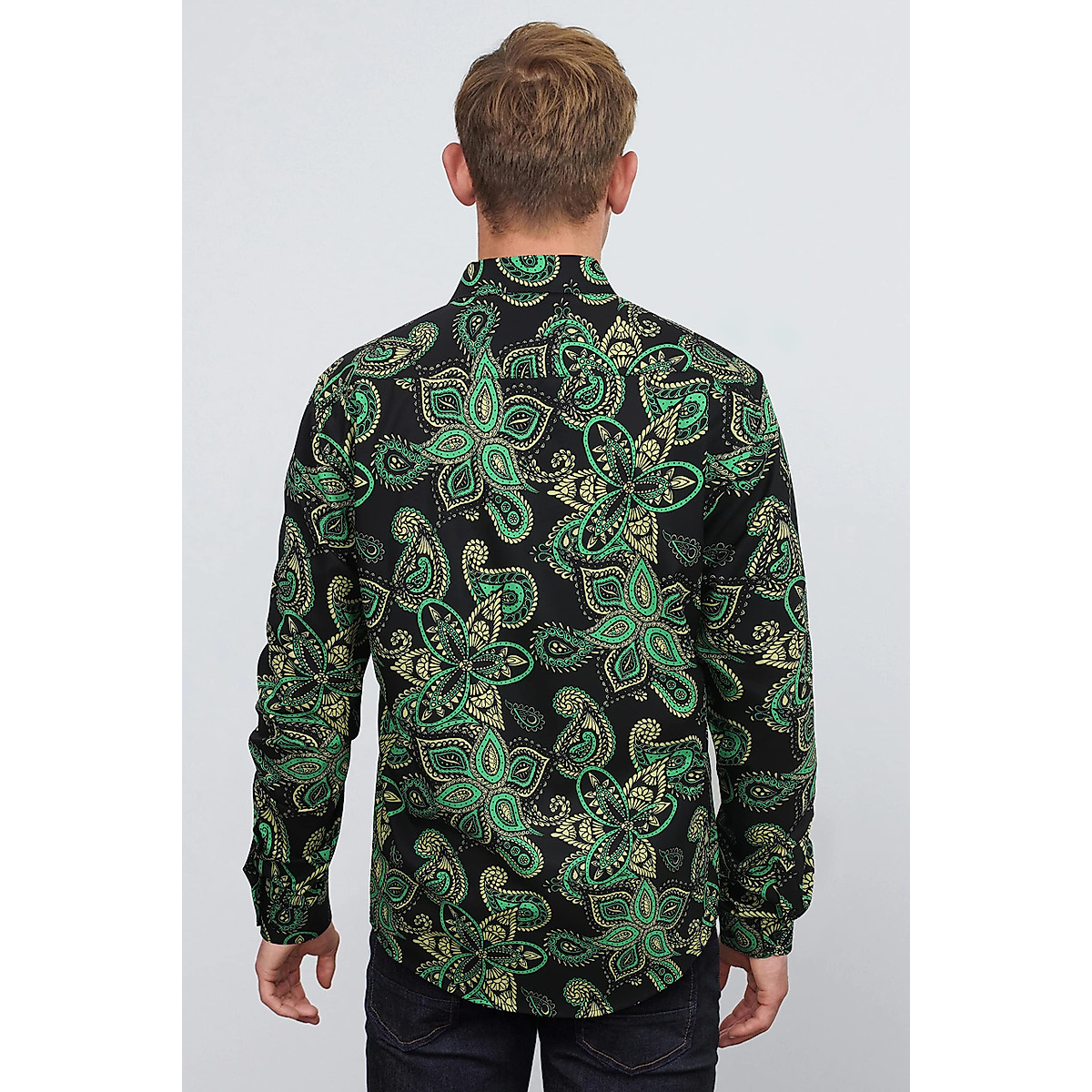 HISDERN Mens Green Paisley Floral Shirt Casual Long Sleeve Vintage Black Flowered Printed Shirts 70s Slim Fit Party Button Down Dress Shirts