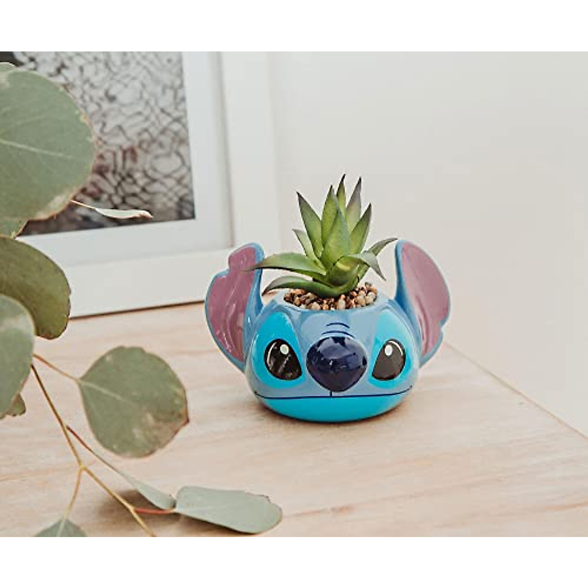 Disney Lilo & Stitch 3-Inch Ceramic Mini Planter with Artificial Succulent | Small Flower Pot, Faux Indoor Plants for Desk Shelf, Home Decor Trinket Tray and Collectibles (Blue, One Size)