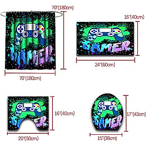4Pcs Gamer Shower Curtain Sets Bathroom Set Decor with Non-Slip Rugs Bath U-Shaped Mat Toilet Lid Cover Game Bathroom Curtains Shower Set for Boys with 12 Hooks