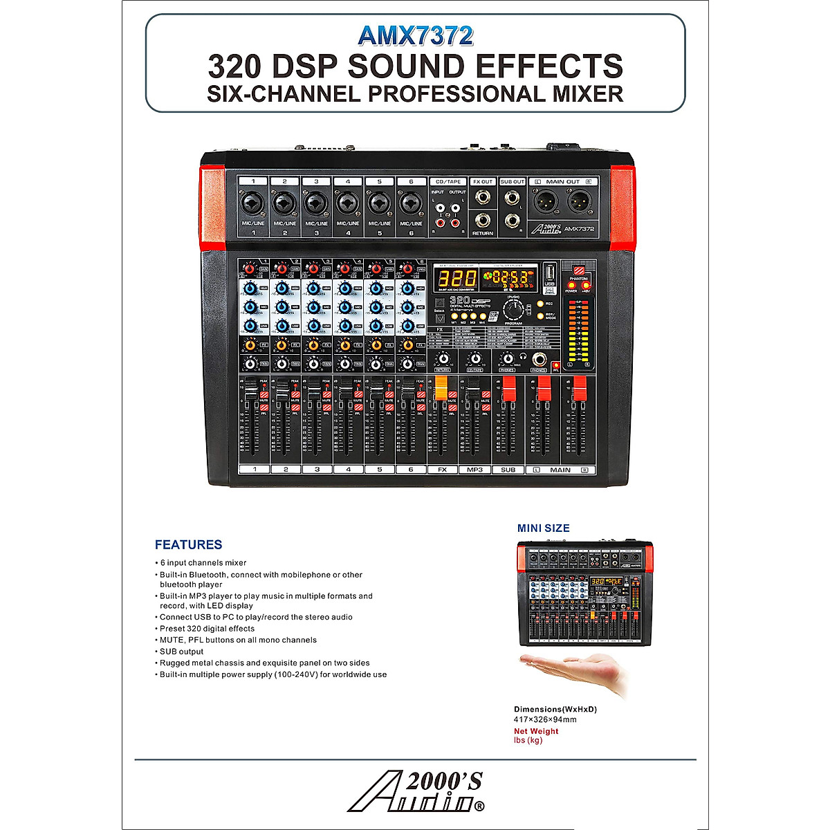 Audio2000'S AMX7372 Six-Channel Audio Mixer with 320 DSP Sound Effects, Stereo Sub Out with Sub-Out Level-Control Fader, Level-Control Faders on All Channels, and USB/Computer Interface