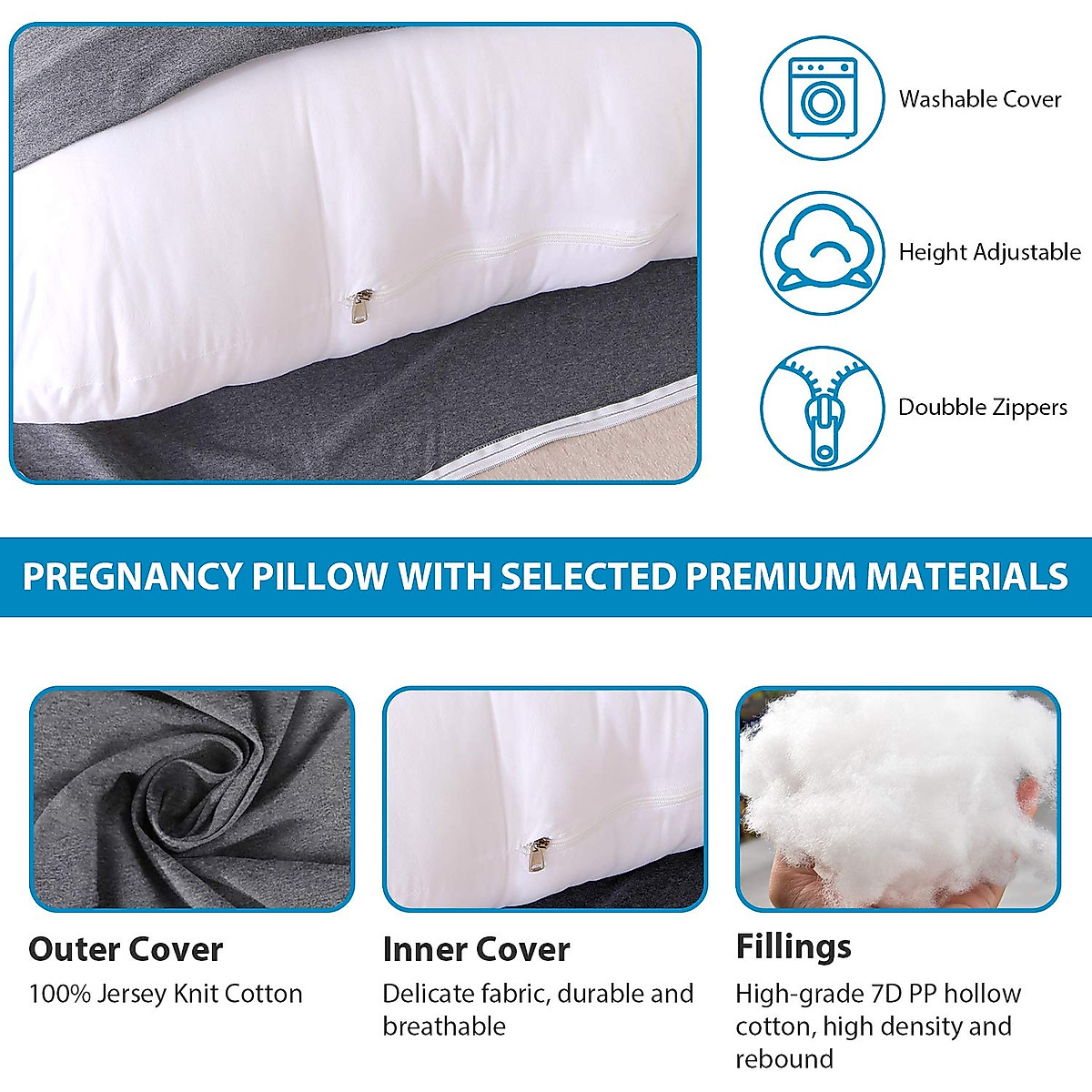 Victostar Pregnancy Pillow,57 inches U Shaped Maternity Pillow with Removable Cover Full Body Pillow Support for Back, HIPS, Legs, Belly (Black Gray)