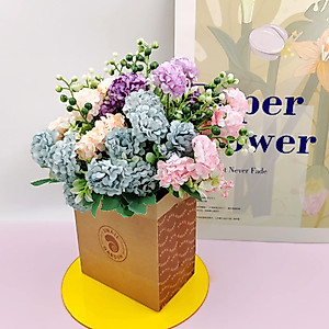 SNAIL GARDEN 40Heads Artificial Hydrangea Flowers, 4Pack Fake Silk Mini Hydrangea with 1 Vase Kraft Paper Bag-Mini Artificial Chrysanthemum Ball Perfect for Home Office Wedding Baby Shower Party Decor