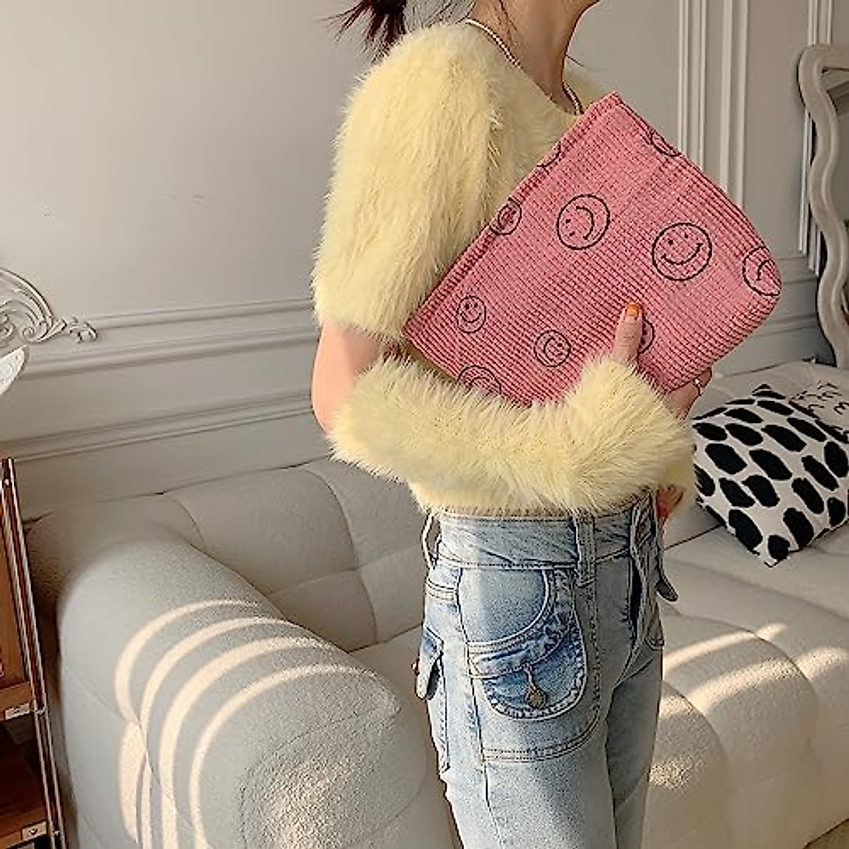 Cosmetic Bags for Women - Corduroy Cosmetic Bag Aesthetic Women Handbags Purses Smile Dots Makeup Organizer Storage Makeup Bag Girls Case Bags (Yellow)