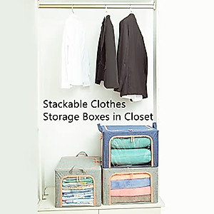 Tasmegol 4 Pack Stackable Steel Metal Frame Clothes Storage Bins Foldable Zipper Cloth Box Clothing Bags Large Clear Window Closet Containers Organizer for Bedding Sweater