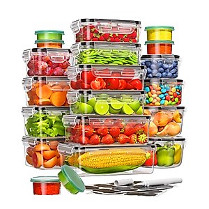 40 Piece Food Storage Containers with Lids(20 Containers & 20 Lids), Plastic Food Containers with Lids for Kitchen Storage and Organization Includes Labels & Pen
