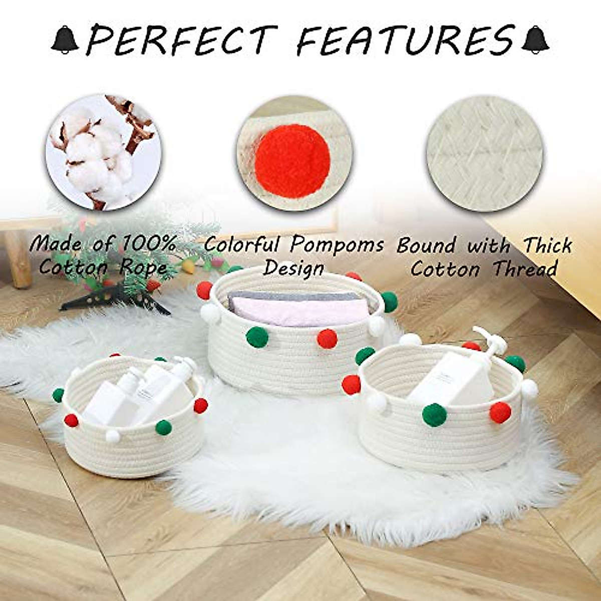 Enzk&Unity Woven Basket Set of 3 Cotton Rope Storage Decorative Coiled Baskets for Toys, Towels, Blankets, Nursery, Kids Room, Bedroom, White