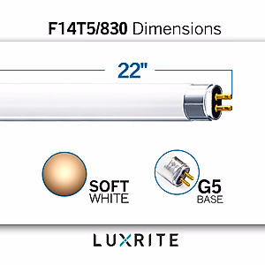 LUXRITE F14T5/830 14W 22 Inch T5 Fluorescent Tube Light Bulb, 3000K Soft White, 60W Equivalent, 1140 Lumens, G5 Mini Bi-Pin Base, LR20856, 10-Pack