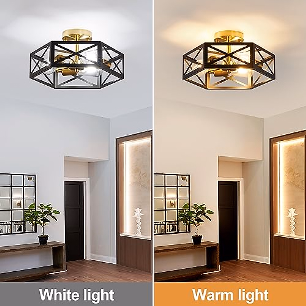 XSDeTu Modern Flush Mount Ceiling Light, 3-Light Black Gold Hallway Light Fixtures Ceiling Mount, Industrial Close to Ceiling Light with Metal Hexagon Cage Ceiling Lamp for Kitchen