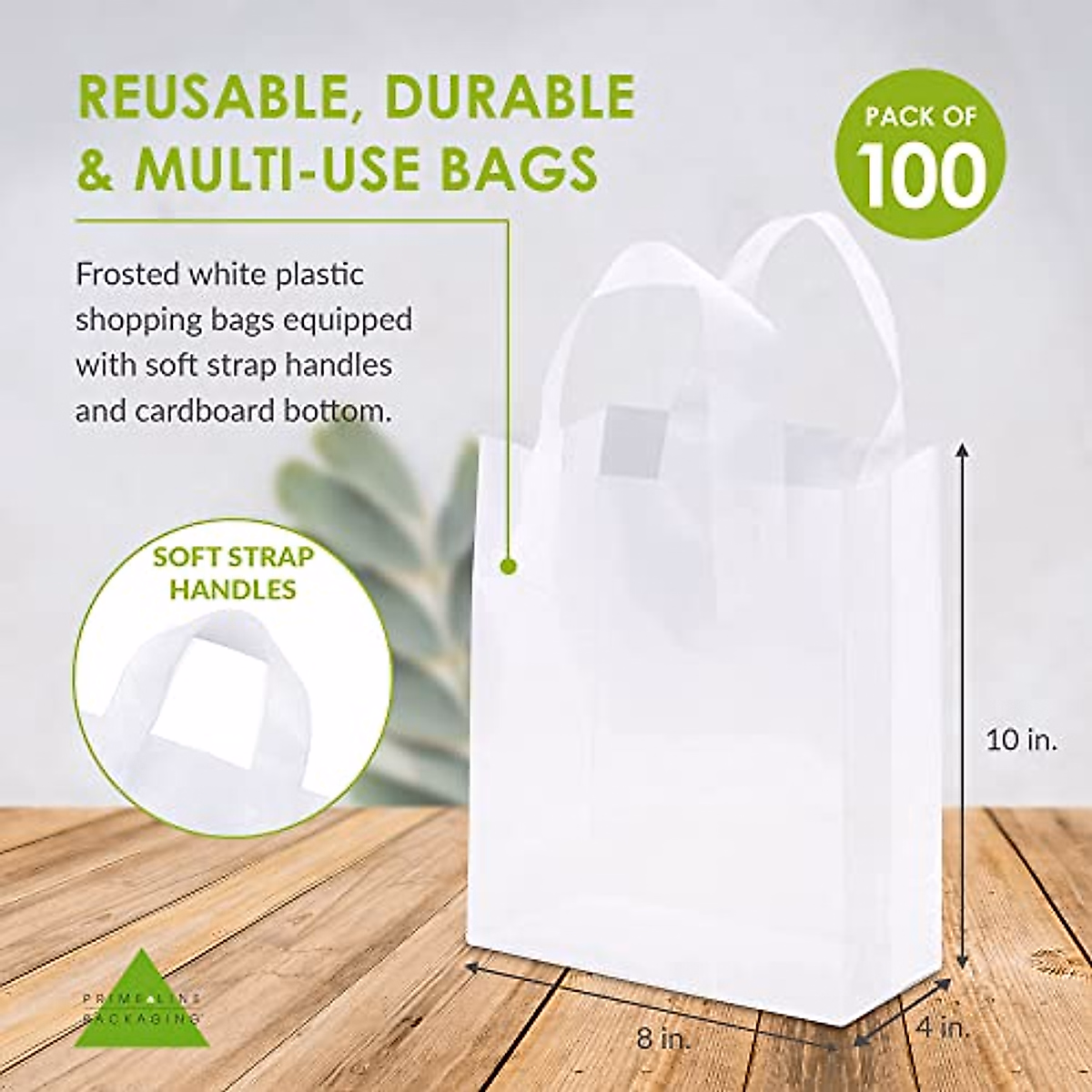 Prime Line Packaging - 8x4x10 Inch 100 Pack Plastic Bags with Handles, Small Gift Bags, Shopping Bags for Small Business, Clear Frosted White in Bulk for Boutiques, Retail Stores, Gifts & Merchandise