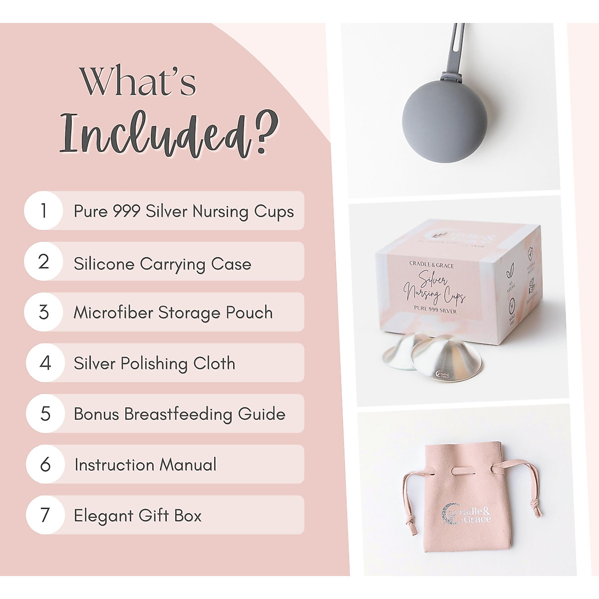 Cradle & Grace Pure 999 Silver Nursing Cups & Carrying Case | Silver Nipple Covers Breastfeeding Kit for All-Natural Healing | Silver Nipple Shields for Nursing Moms | Sore Nipple Relief Breastfeeding