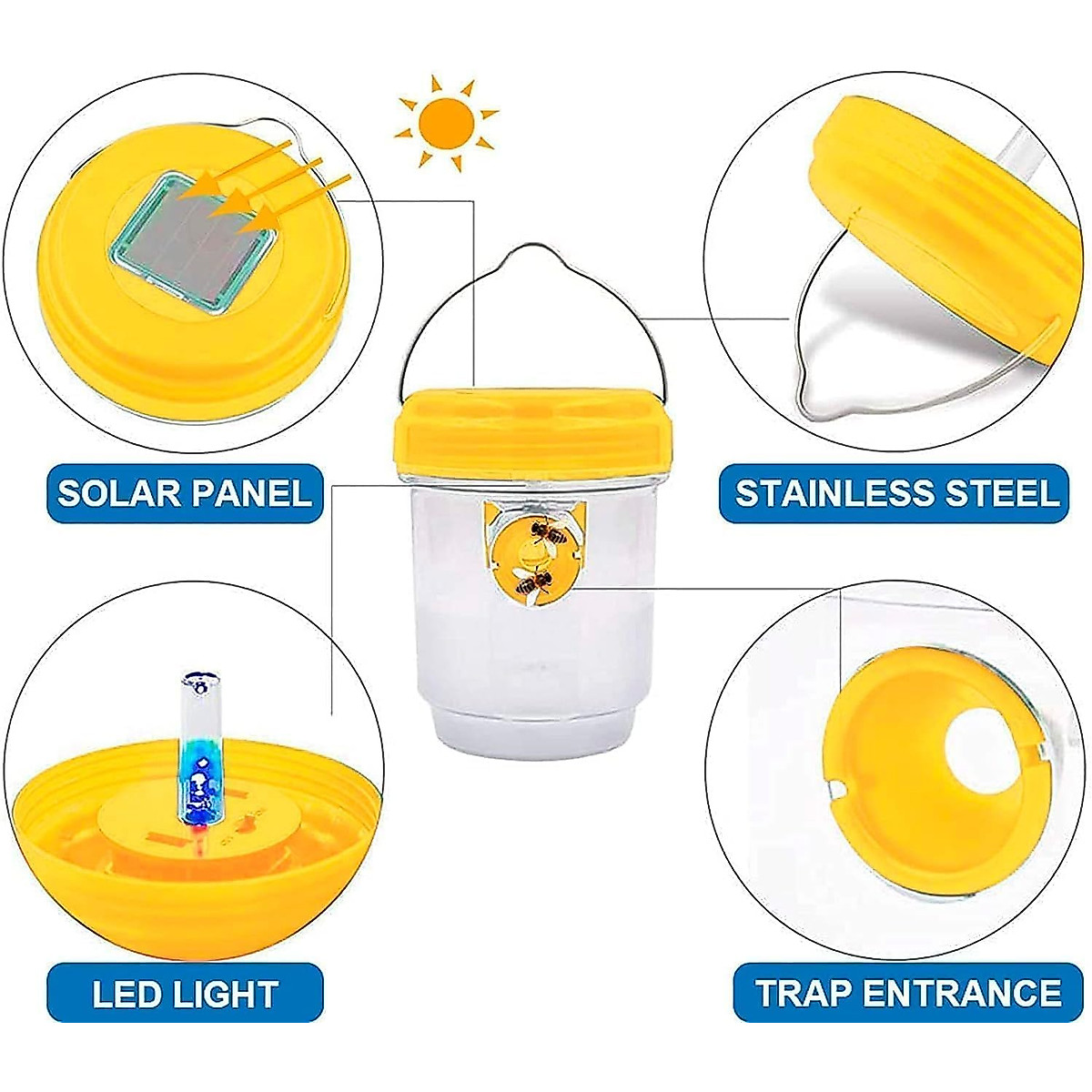 outtkitywi 2 Packs Wasp Trap - Solar Powered Bee Trap Outdoor for Yellow Jackets, Hornets and Wasps - Durable Wasp Killer and Bee Killer - Reusable Yellow Jacket Trap and Insect Trap