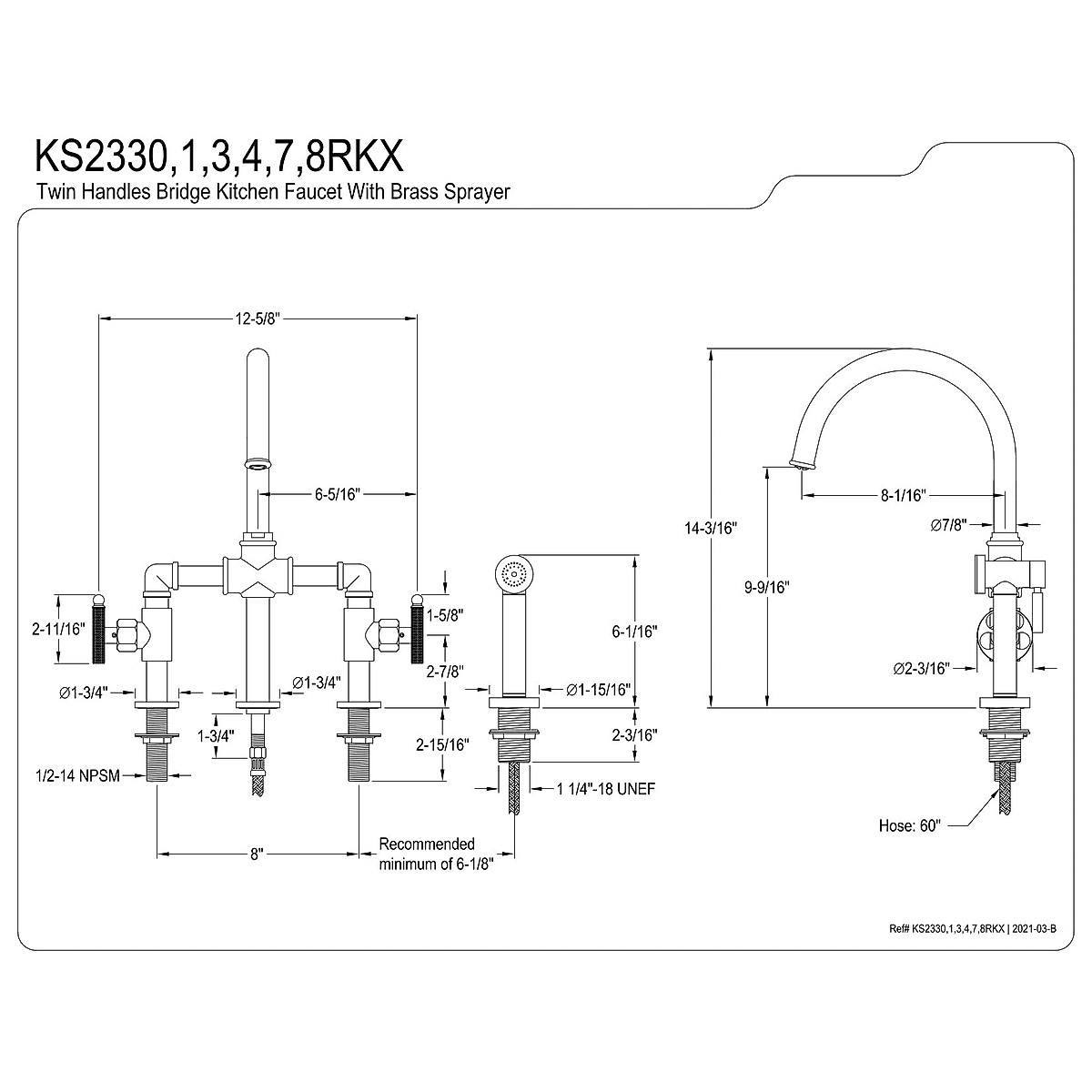 Kingston Brass KS2330RKX Webb Two-Handle 4-Hole Deck Mount Bridge Kitchen Faucet with Knurled Handle and Brass Side Sprayer in Matte Black