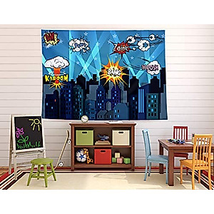 Superheroes Theme Party Photography Backdrop with Prop, Flag & Mask. Super Hero Cityscape Photo Booth Background for Kids Party, Birthday Wall Decorations