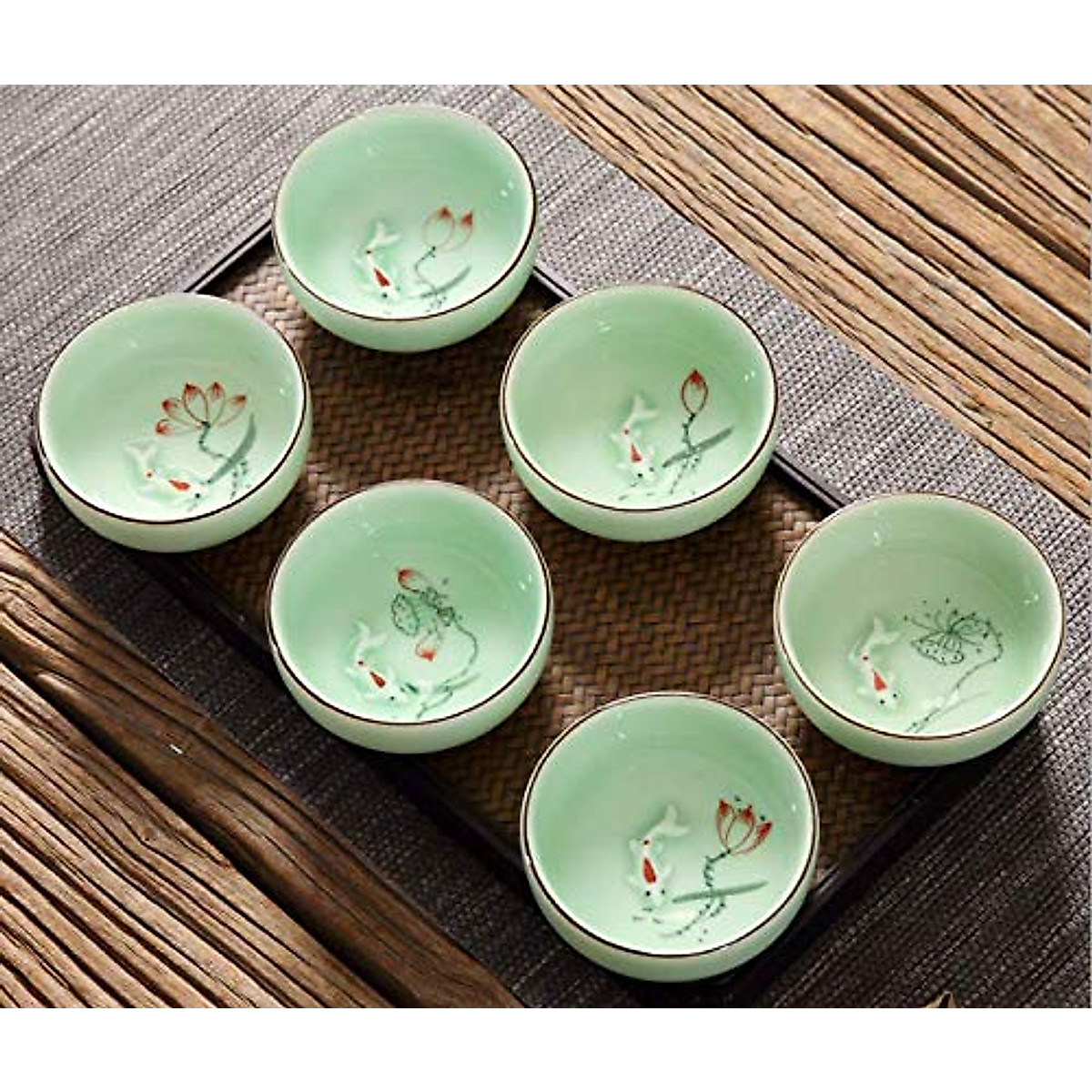 Hand Painted Kungfu Teacup,Chinese Long-quan Celadon Teacup,Fishes and Lotus Pattern,set of 6