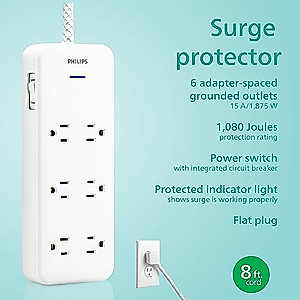 Philips EZFit 6-Outlet Surge Protector Power Strip, 8 Ft Braided Extension Cord, Widely Spaced Outlets, 1080 Joules, Flat Plug, for Home Office Dorm Essentials, White, SPC6066WB/37
