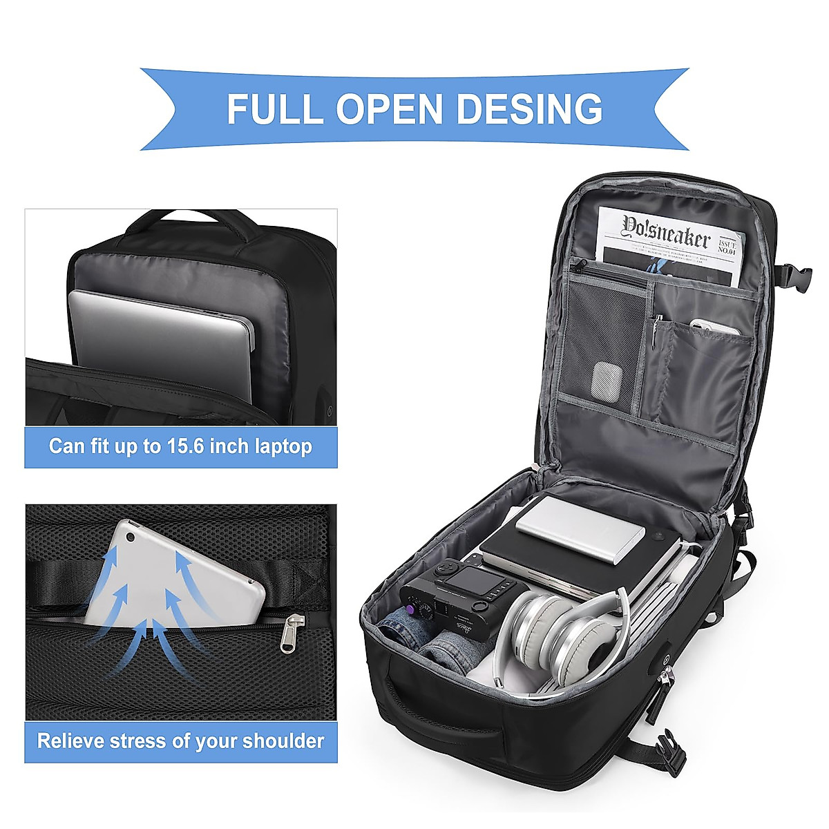 coowoz Travel Backpack For Women Men Airline Approved,Black Carry On Backpack,Large Hiking Waterproof Outdoor Sports Rucksack Casual Daypack Fit 15.6 Inch Laptop Backpack for College