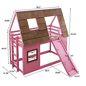 SOFTSEA Pink House Bunk Bed with Roof Low Bunk Bed with Slide for Girls, Twin Over Twin