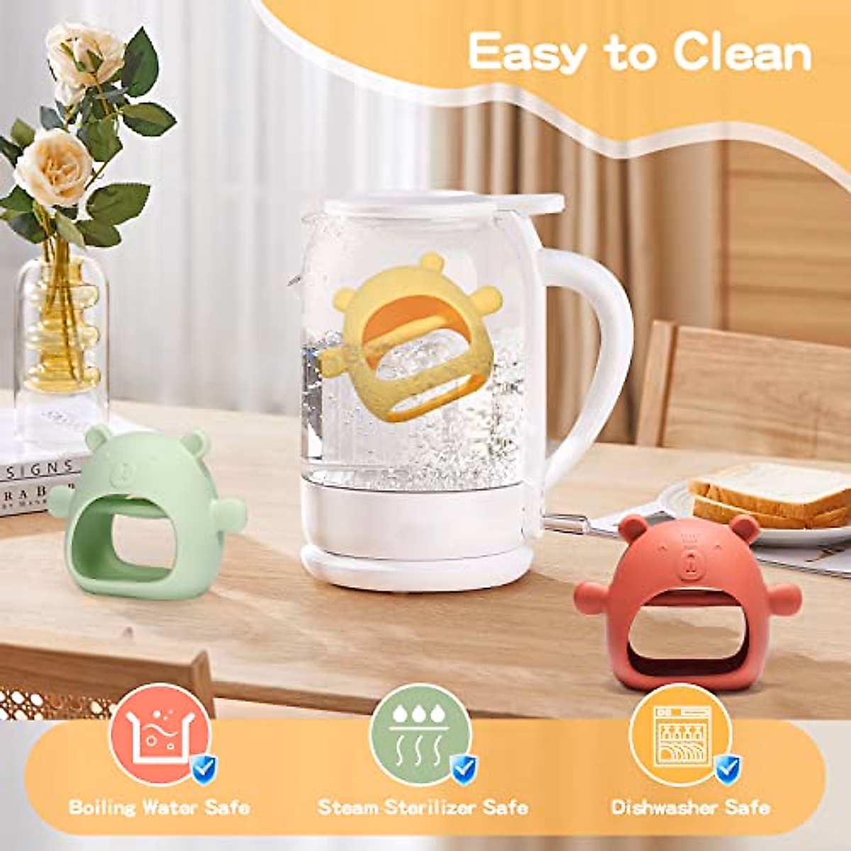 Silicone Teething Toys for Babies 3-6 Months - 3 Pack Never Drop Teething Mittens for Infants 6-12 Months, Mushroom Penguin Hand Teethers, Baby Chew Toys for Sucking Needs - Dishwasher Safe