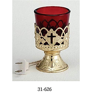 Electric Votive Stand - 4 Inch Gold Plated Metal with Ruby Glass - Boxed