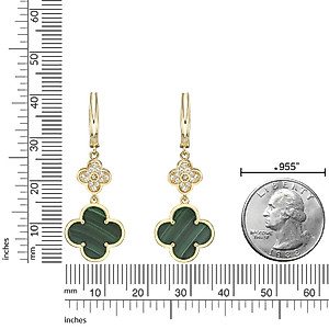 Lavari Jewelers Elegant Flower Drop Earrings for Women - Green Malachite & Cubic Zirconia in 925 Sterling Silver Clover Dangle Earrings - Hypoallergenic Yellow Gold Plated - Secure Hinge Post