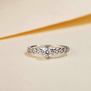KnBoB Women Hexagon Round Shape 0.2ct Diamond Ring 18K White Gold Promise Wedding Engagement Bridal Anniversary Ring Size 5