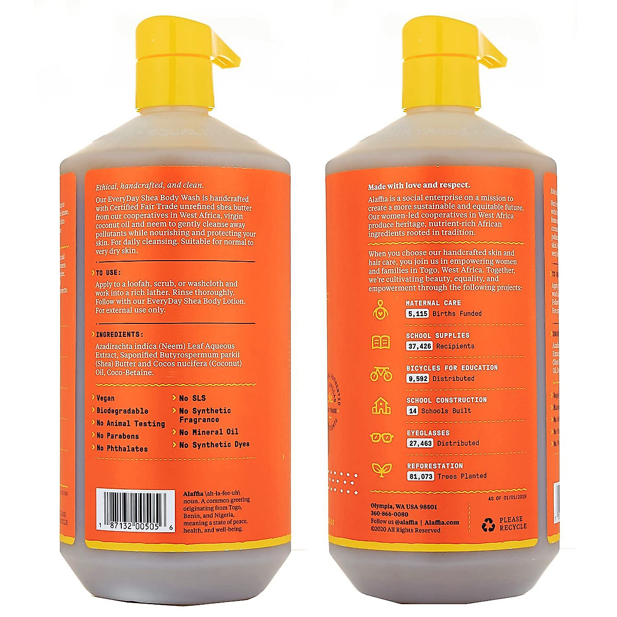 Alaffia Everyday Shea Body Wash, Naturally Helps Moisturize and Cleanse Without Stripping Natural Oils with Fair Trade Shea Butter, Neem, and Coconut Oil, Unscented, 2 Pack - 32 Fl Oz Ea