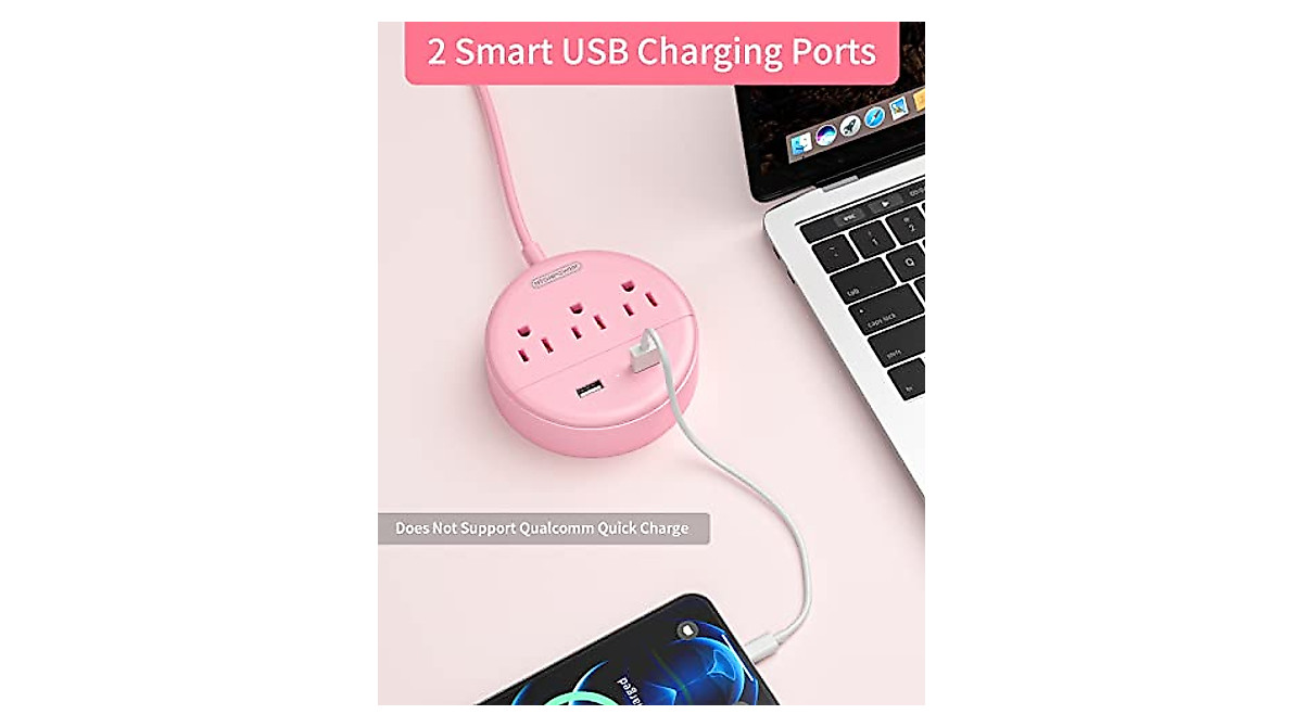 Rose Pink Power Strip with USB & Wall Mount for Home & Travel